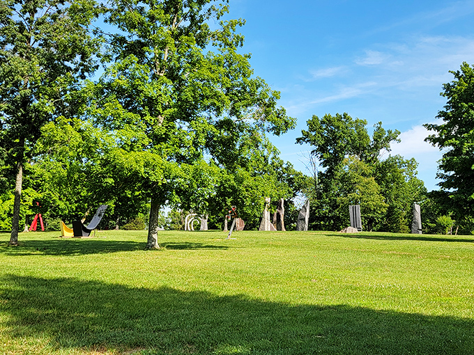 A painter's palette of sculptures dot the landscape, each one a different color note in this symphony of three-dimensional art.