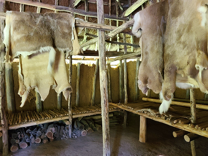 Fur-niture at its most authentic! Animal hides hanging in a reconstructed dwelling showcase the waste-not-want-not philosophy of Native American resourcefulness.