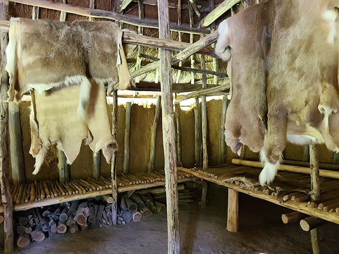 Fur-niture at its most authentic! Animal hides hanging in a reconstructed dwelling showcase the waste-not-want-not philosophy of Native American resourcefulness.