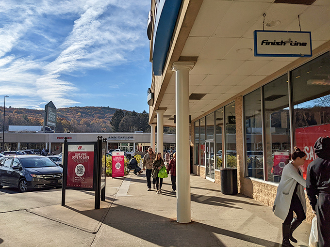 Fall shopping at the outlets brings crisp mountain air, changing leaves, and shoppers clutching green bags filled with seasonal treasures.