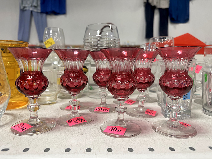 Ruby red goblets await your next dinner party, ready to elevate boxed wine to an experience worthy of Downtown Abbey.