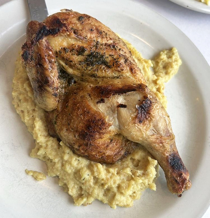 A perfectly roasted chicken perched atop creamy hummus&mdash;proof that simple food done right is worth more than a thousand fancy foams and culinary pyrotechnics.
