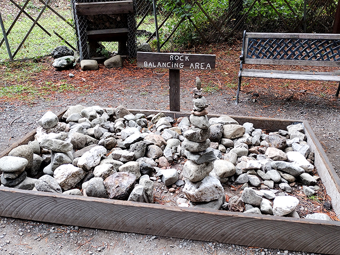 The rock balancing area invites visitors to test their patience and steady hands &ndash; a meditative break from the roadtrip chaos.