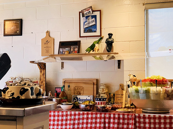 The salad bar setup: where vegetables go to fulfill their destiny. Simple, fresh ingredients waiting to complement the main event.
