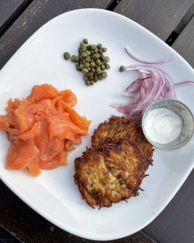 Potato latkes and smoked salmon&mdash;the power couple of brunch. That crispy potato pancake deserves its own fan club.