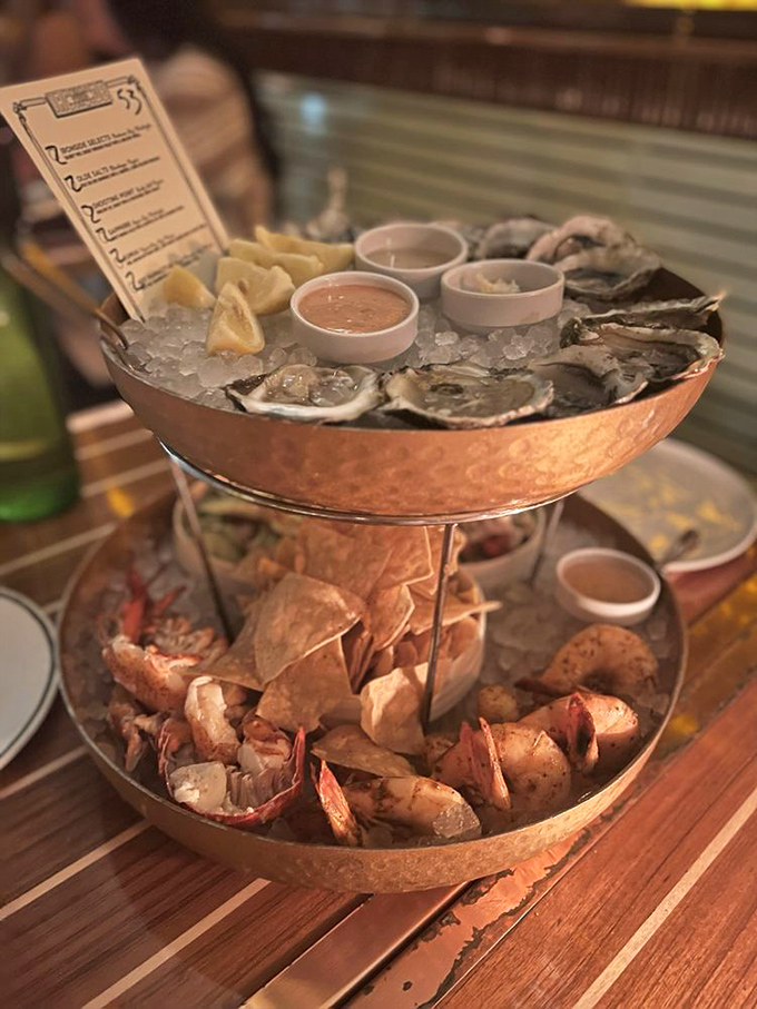 The seafood tower arrives like Neptune's own birthday cake&mdash;oysters on ice above, succulent shrimp below, happiness everywhere.