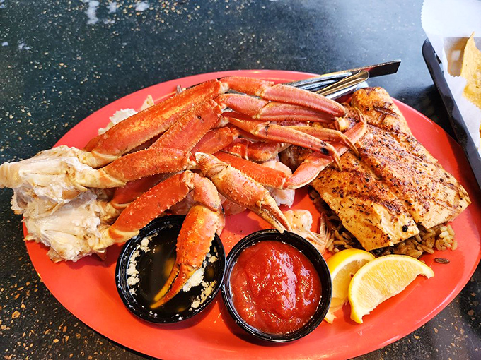 Snow crab legs and salmon sharing a plate like the ocean's greatest hits album, with butter and lemon playing backup vocals.