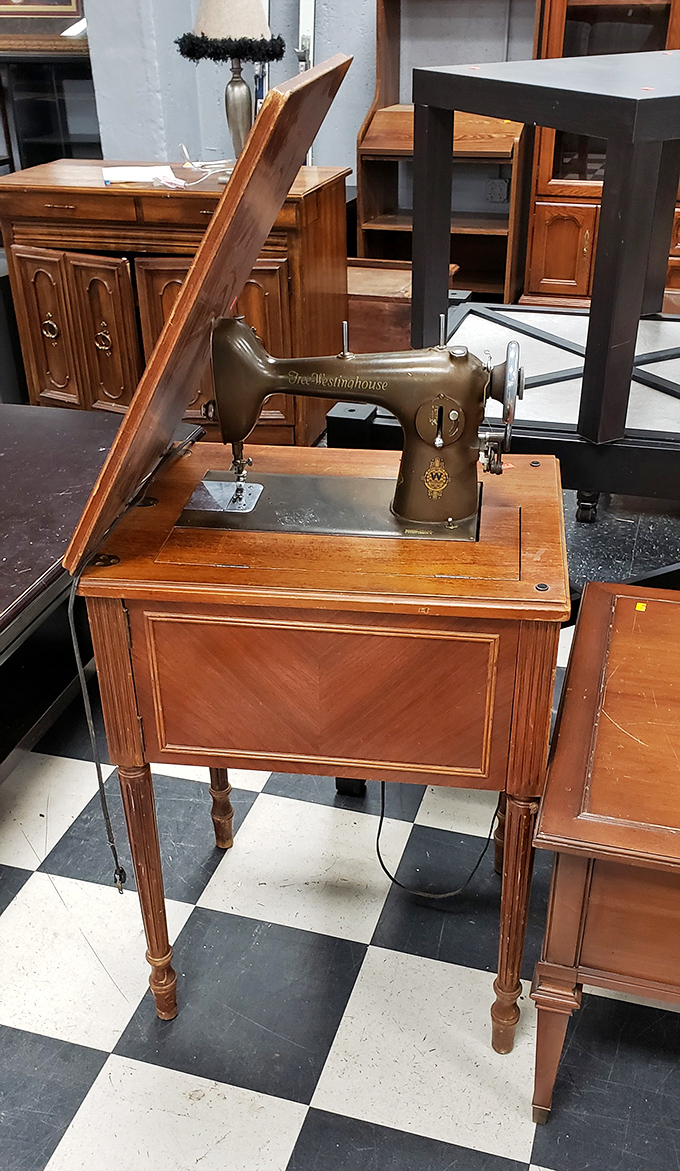 A vintage Westinghouse sewing machine stands ready for its second act&mdash;the Meryl Streep of household appliances, still stunning after all these years. 
