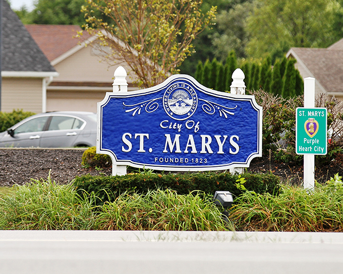 The welcoming sign announces you've arrived in St. Marys, "Purple Heart City," where small-town values and veteran appreciation aren't just slogans but daily practice.