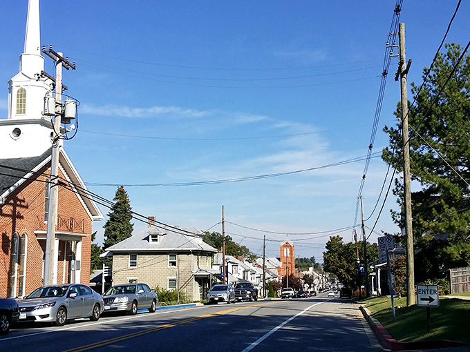The heart of downtown reveals colorful storefronts and brick sidewalks &ndash; a scene that hasn't fundamentally changed in decades.