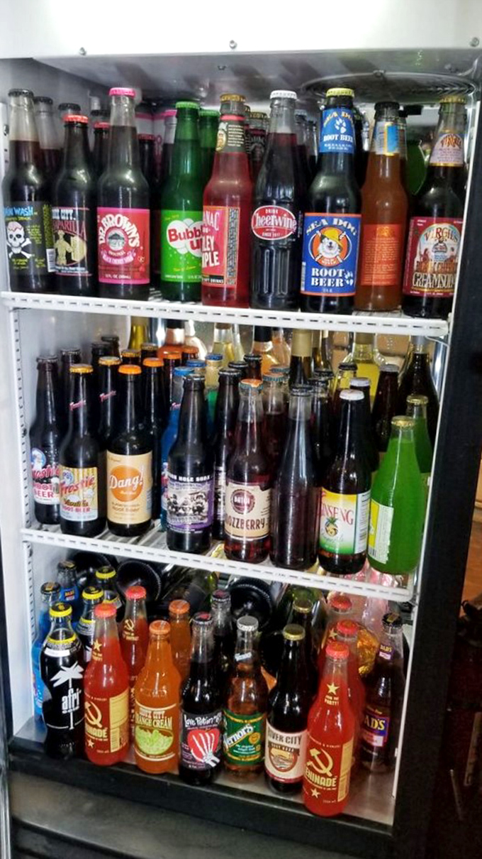 The soda selection rivals a candy store's color palette. These aren't just beverages&mdash;they're liquid nostalgia in glass bottles, each promising a unique fizzy adventure.