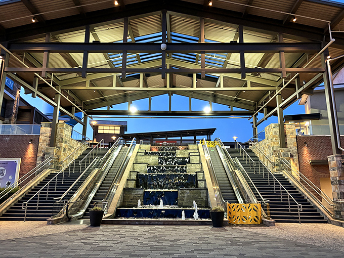 Grand architectural elements and cascading water features&mdash;because finding 70% off designer labels deserves a backdrop worthy of a movie set.