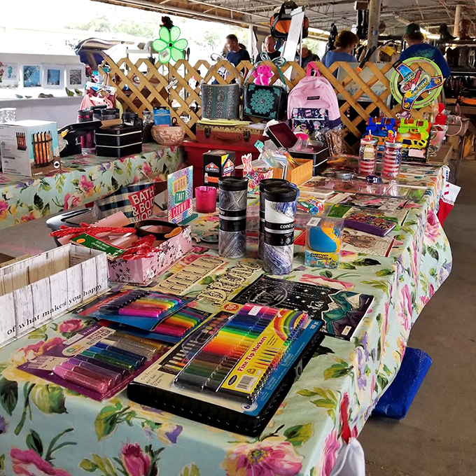 Craft supply heaven that would make Martha Stewart grab a shopping cart. Creative possibilities spread across a floral tablecloth of opportunity.