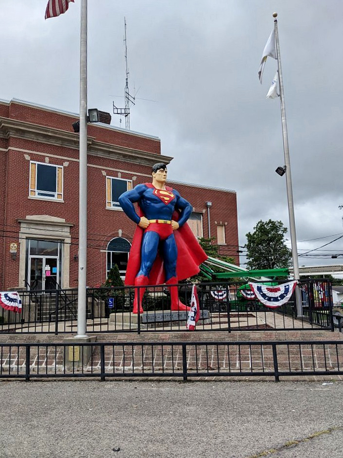 Three flags and one superhero&mdash;the ultimate symbols of American optimism standing guard outside the Massac County Courthouse.