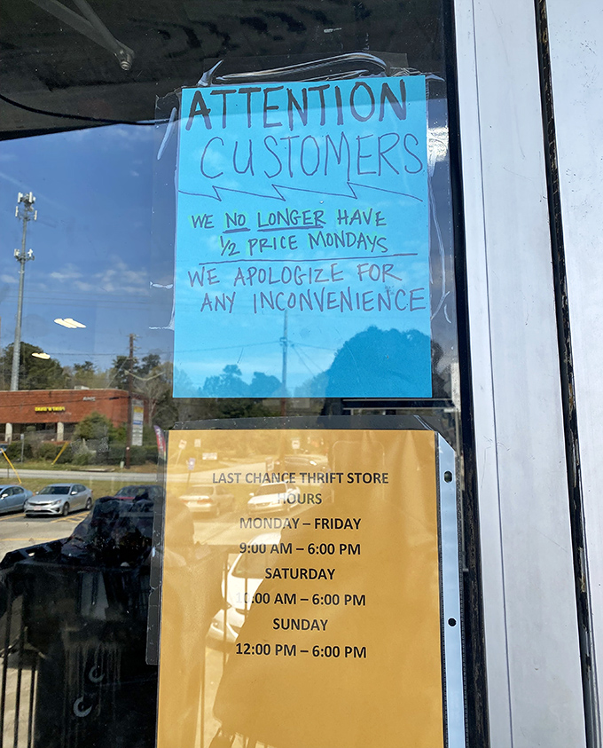 Even thrift stores need boundaries - no half-price Mondays means every day offers the same fantastic bargain hunting opportunities.