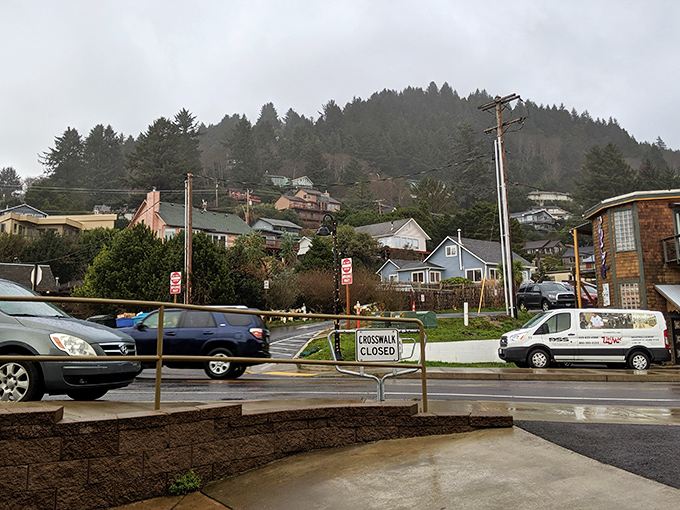 Even rainy days in Yachats have their charm, with hillside homes peeking through the mist like a Pacific Northwest version of a Swiss village.