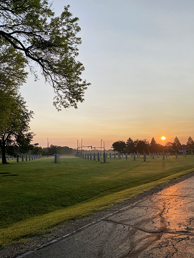 Golden hour bathes the Field of Corn in warm light, transforming these quirky sculptures into something unexpectedly poetic and serene.