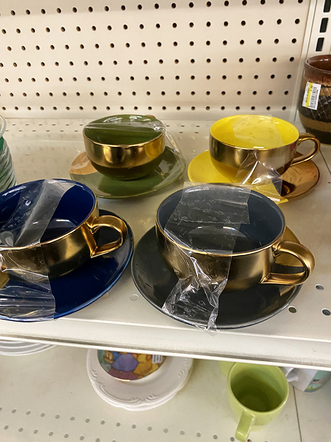 Gold-rimmed teacups wrapped like precious artifacts&mdash;perfect for your next "I'm feeling fancy but fiscally responsible" moment.