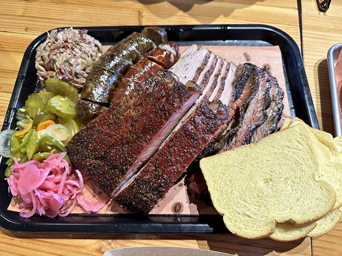 A barbecue tray that would make a Texan tip their hat &ndash; perfectly barked brisket, sausage, and pickled vegetables for that essential acid balance.