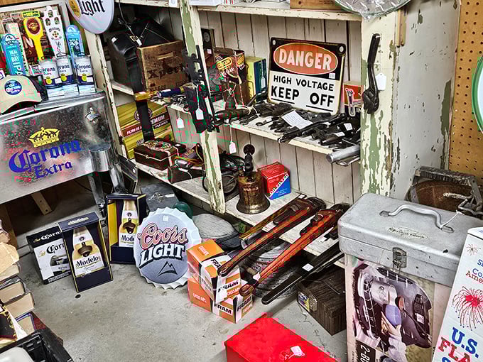 A man cave in the making! Vintage beer signs, tools, and memorabilia that transform "I need this" into "I'm preserving American industrial heritage, honey."