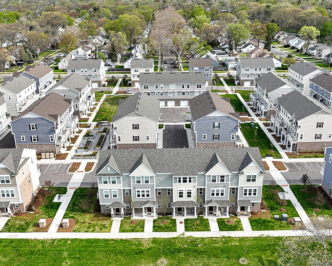 Unlike Ferndale's historic architecture, these modern townhomes show how contemporary design can still create community-focused neighborhoods.