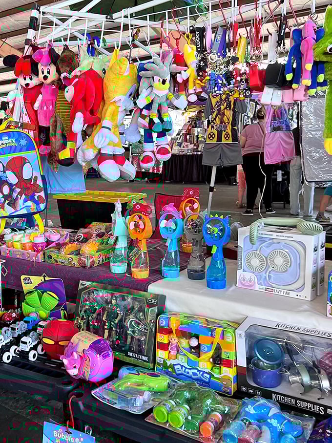 Toy vendors displaying the full spectrum of childhood joy&mdash;from licensed characters to those suspiciously familiar "Super Hero Man" knockoffs we secretly love.