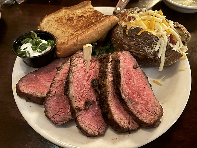 Behold the star of Santa Maria barbecue: tri-tip sliced to perfection, revealing that glorious pink center that beef aficionados dream about.