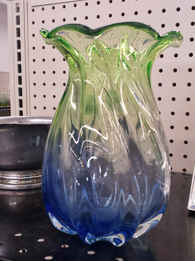 This blue-to-green ombr&eacute; vase could be mass-produced or handblown art glass&mdash;the thrill is in not knowing until you Google it later.