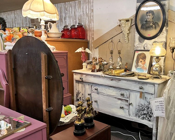 Shabby chic meets vintage elegance in this dreamy furniture display. That distressed dresser has stories to tell that your mass-produced IKEA pieces could only imagine.