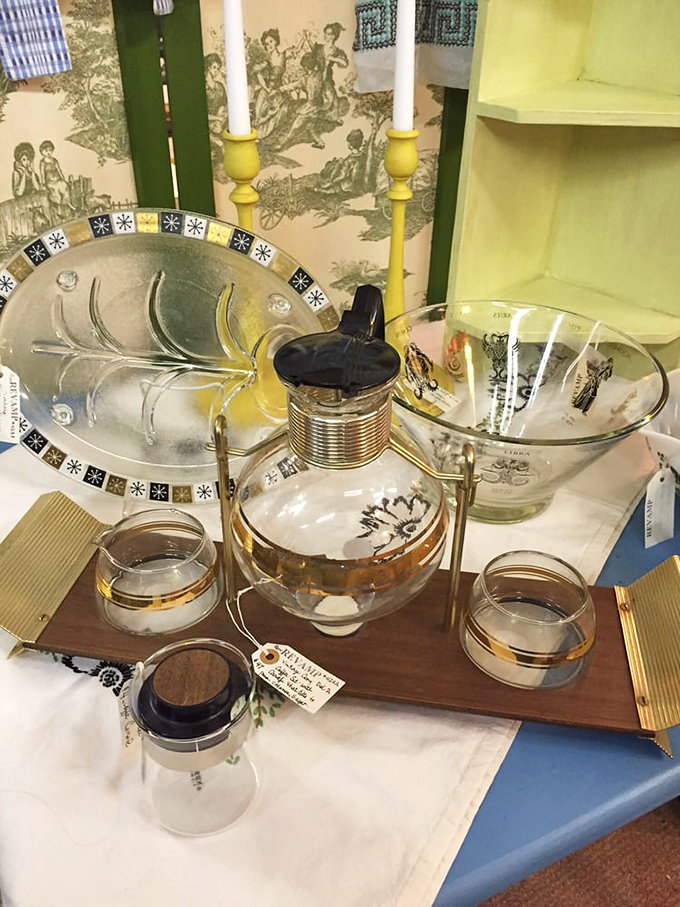 Elegant glassware that once graced dinner tables now waits to sparkle at new celebrations.