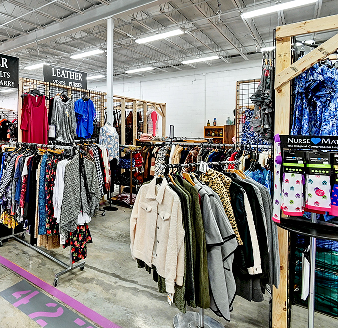 The leather section beckons with vests, jackets, and accessories that would make a cowboy poet weep with joy.