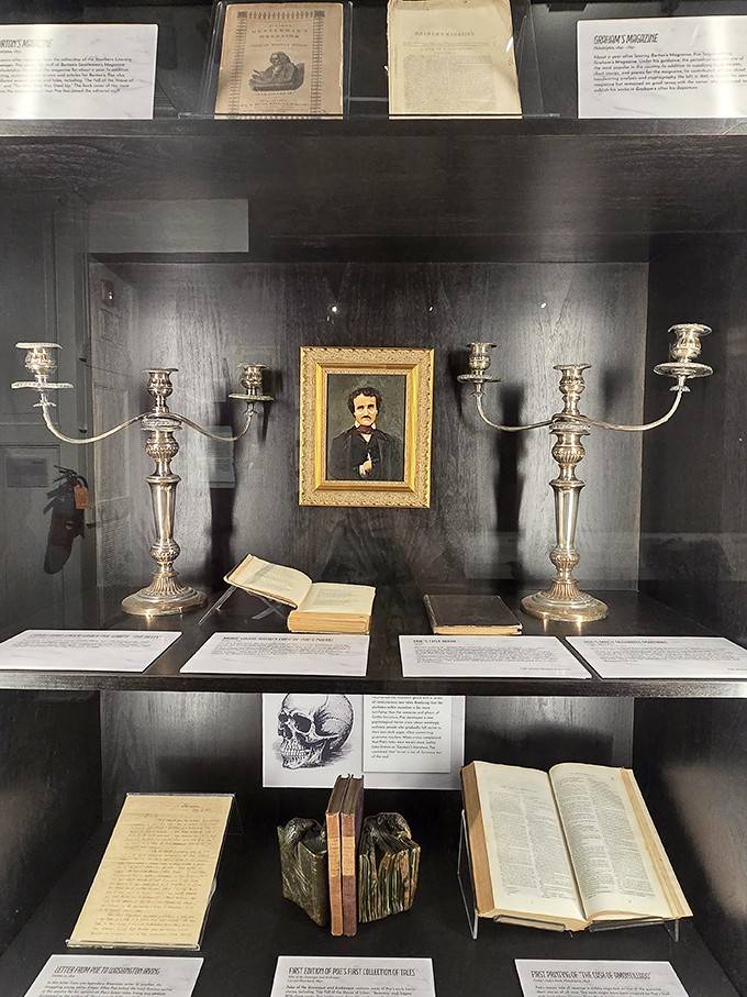 Candlelight flickers over precious manuscripts, creating the perfect mood for exploring Poe's mysterious literary world together.