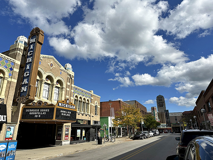 Ann Arbor's Michigan Theater marquee lights up the downtown district, where cultural experiences abound at senior-friendly prices.