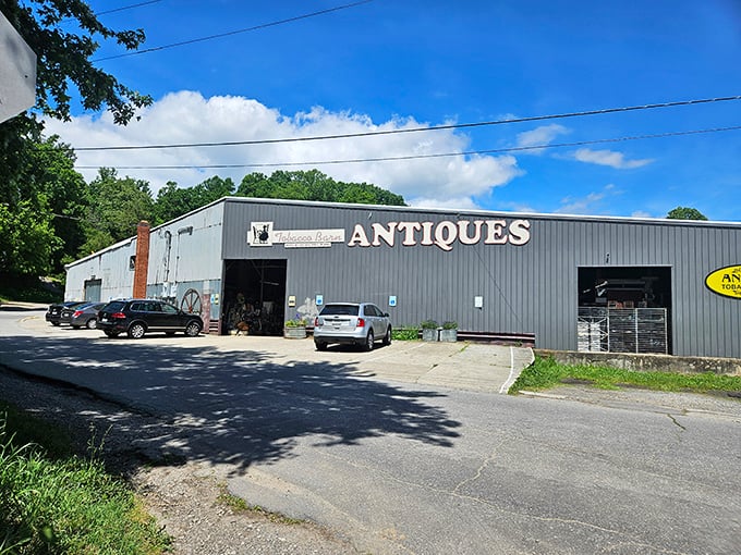 This industrial warehouse exterior promises the kind of vast, barn-like space where serious collectors come to strike gold.