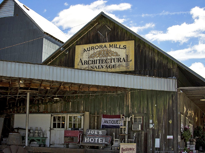 Aurora Mills' weathered barn is architectural history you can touch and take home. This place has more character than a Tennessee Williams play!