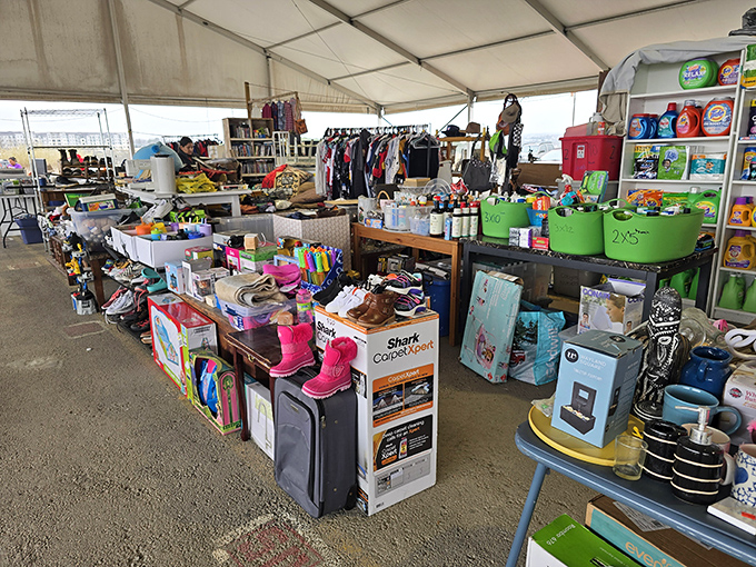 The calm before the bargain storm. Empty early morning aisles will soon fill with shoppers hunting for that perfect unexpected find.