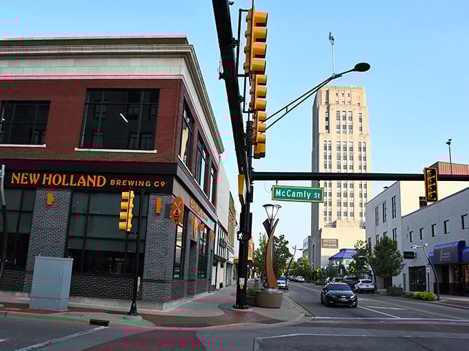 Battle Creek's downtown corner features the New Holland Brewing Company, where craft beer culture meets historic Michigan architecture beautifully.