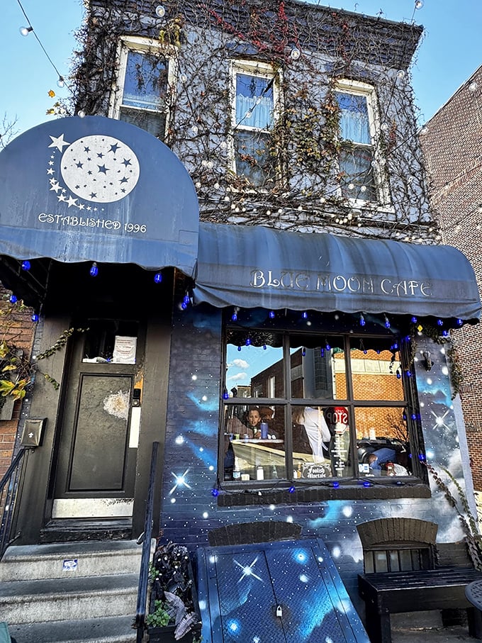 Starry murals transform this Fells Point corner into a cosmic breakfast adventure waiting to unfold.