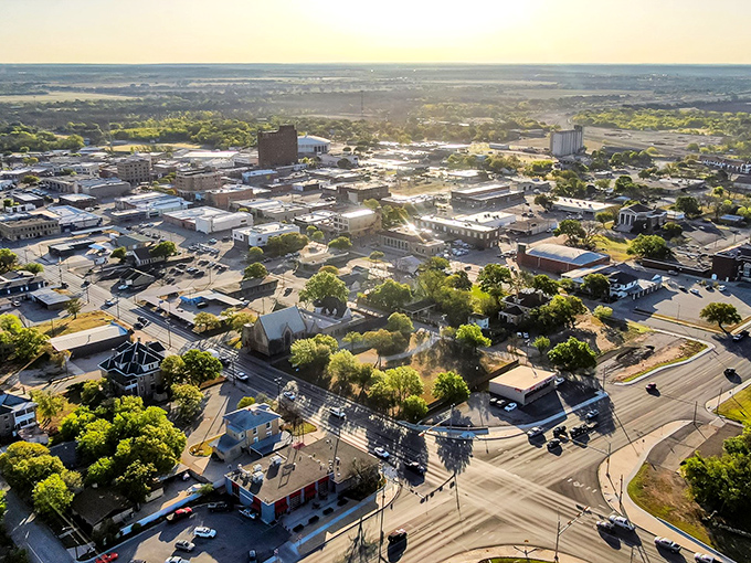 A bird's-eye view of small-town Texas reveals the perfect grid of streets and the beating heart of downtown. Norman Rockwell would approve!