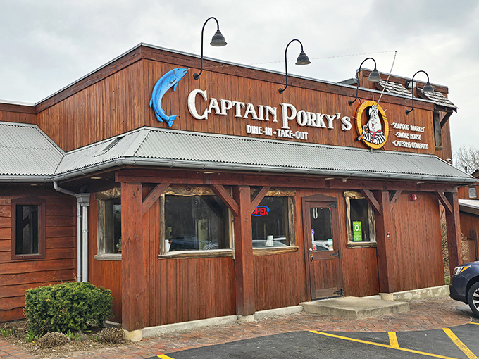 Captain Porky's rustic wooden exterior looks like it was teleported from a coastal fishing village &ndash; nautical charm in landlocked Illinois.