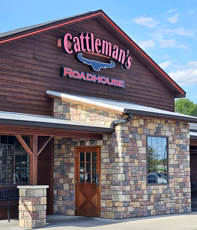 Cattleman's rustic stone and wood facade looks like it was built by cowboys who really knew their beef.