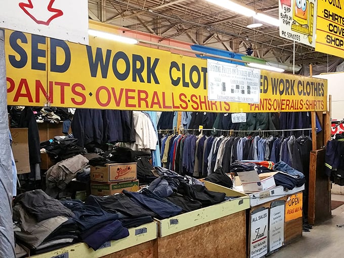 County Line Trade Center's organized displays of work clothes prove that practical shopping can still be treasure hunting.