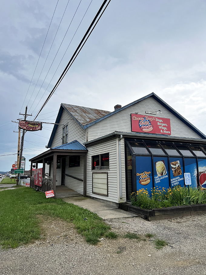 Crazy Dogs Grill’s bold window displays showcase tempting hot dogs, burgers, and more, hinting at the hearty flavors waiting inside.