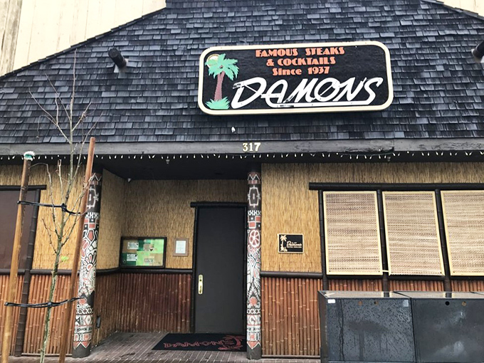 Damon's tiki-inspired entrance promises a tropical steakhouse adventure &ndash; like your steak took a vacation to Hawaii.