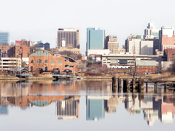 Delaware City's waterfront reflects buildings like a mirror showing off this riverside community's quiet beauty.