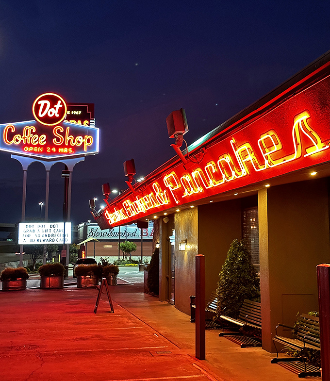 Neon signs glowing like breakfast beacons - Houston's night owls know where to find real comfort food.