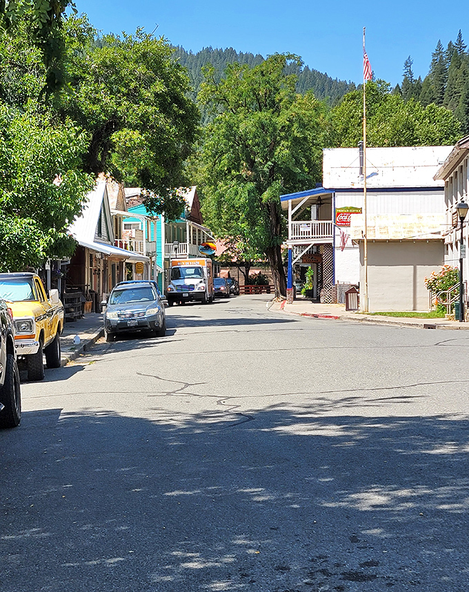 Downieville's colorful buildings nestle along the river like a storybook village hidden in Sierra peaks.