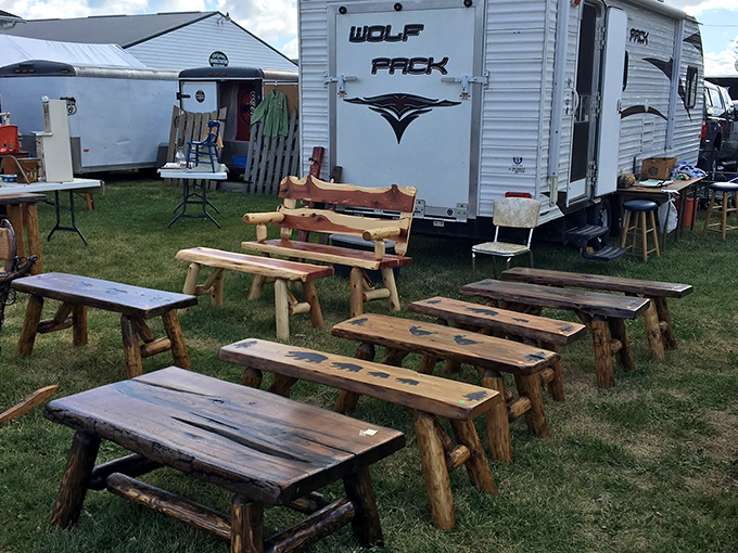 Rustic furniture showcase! These handcrafted wooden benches whisper tales of Northwoods craftsmanship and Wisconsin white pine.