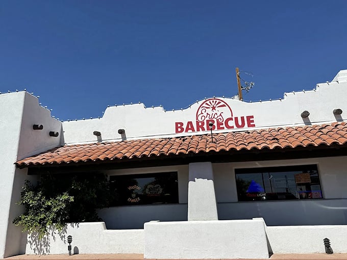 Adobe-style architecture hints at the southwestern soul hiding inside this neighborhood barbecue treasure chest.