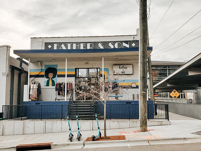 Father & Son's striking blue and white storefront brings a pop of vintage cool to downtown Raleigh.